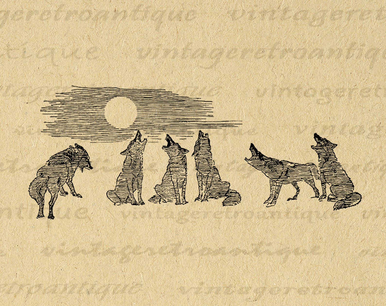 Wolves Howling at the Moon Printable Graphic Image Wolf Illustration ...