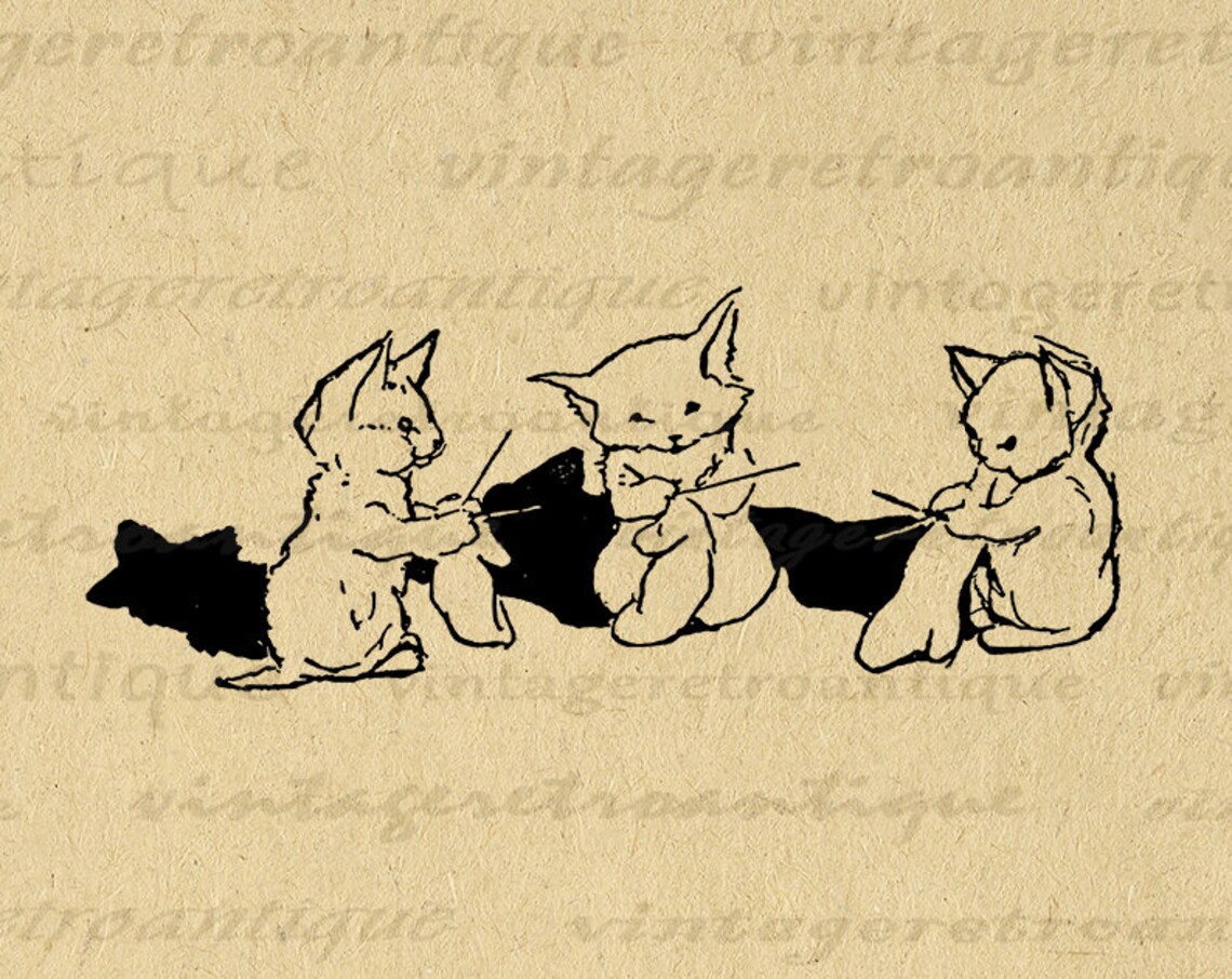 Printable Image Knitting Kittens Digital Cute Cat Graphic Illustration ...