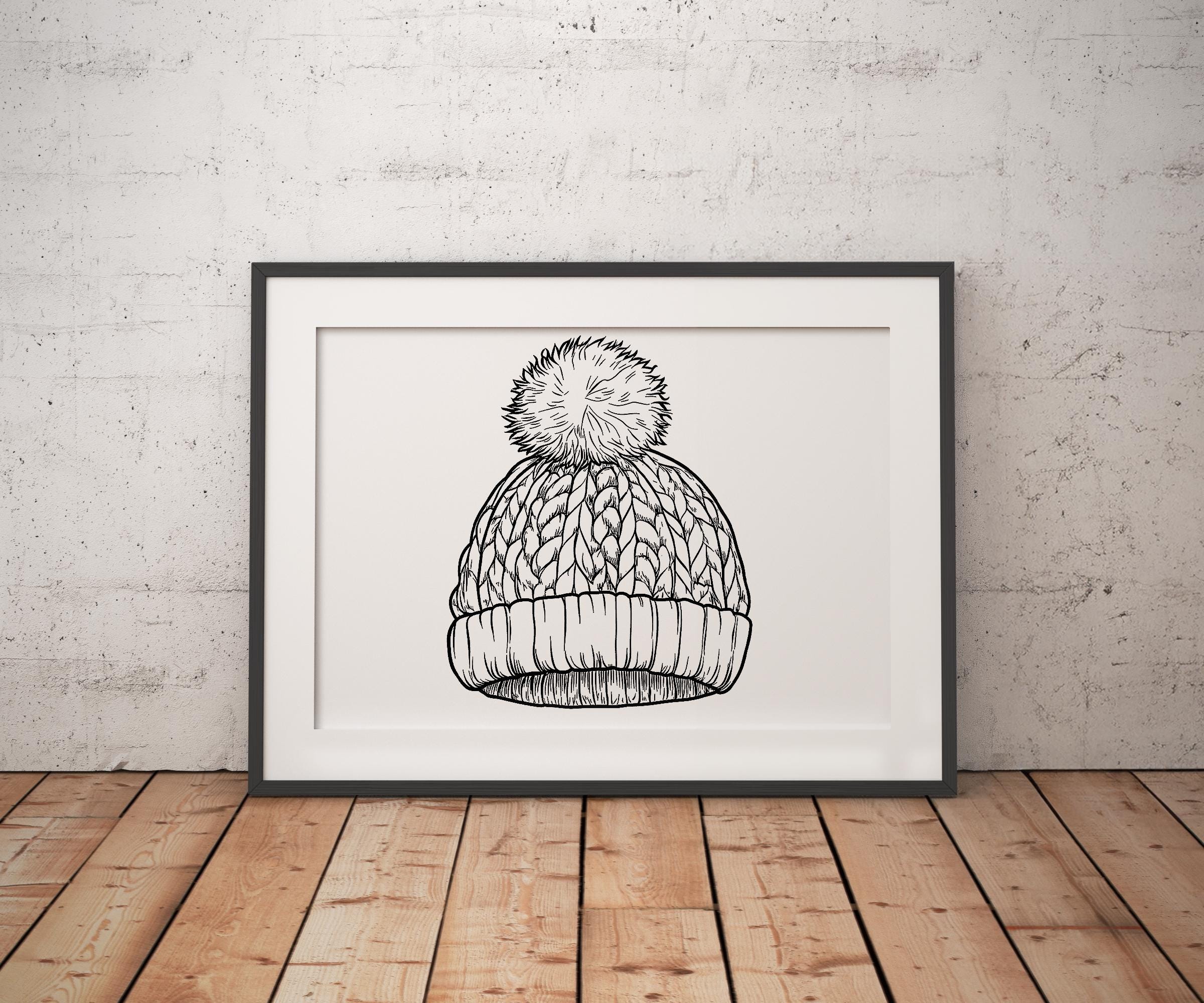Cozy Winter Hat Line Art Printable - Knitted Beanie Illustration PNG ...