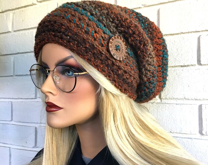 Slouchy Beanie Hat, Crocheted Slouchy Hat,woodland Colors Slouchy ...