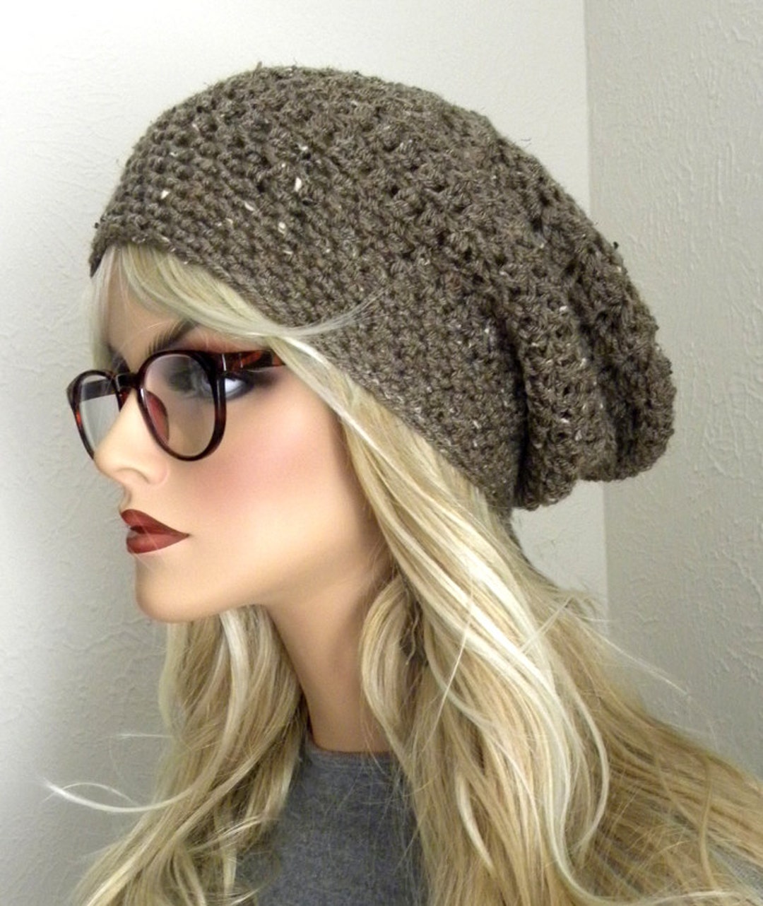 Classic Slouchy Beanie, Women's Slouch Hat, Brown Tweed, Winter Hat ...