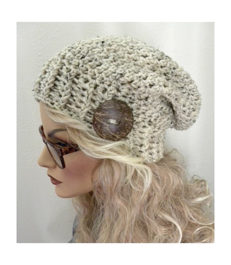 Winter Hat, Oatmeal Light Tan Slouchy Beanie Coconut Button Bohemian ...