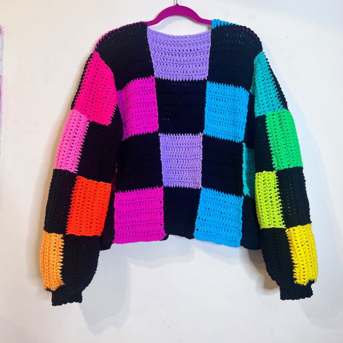 Rainbow Crochet Checkerboard Cardigan With Pockets Made to Order - Etsy