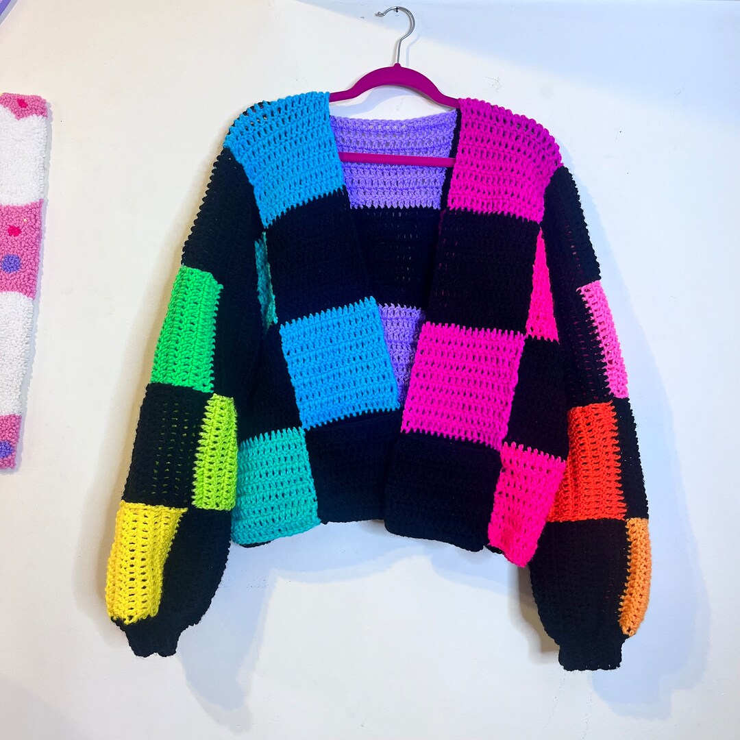 Rainbow Crochet Checkerboard Cardigan With Pockets Made to Order - Etsy