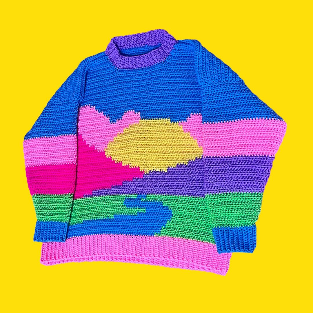 Neon Sunset Landscape Old School Crochet Sweater - Etsy