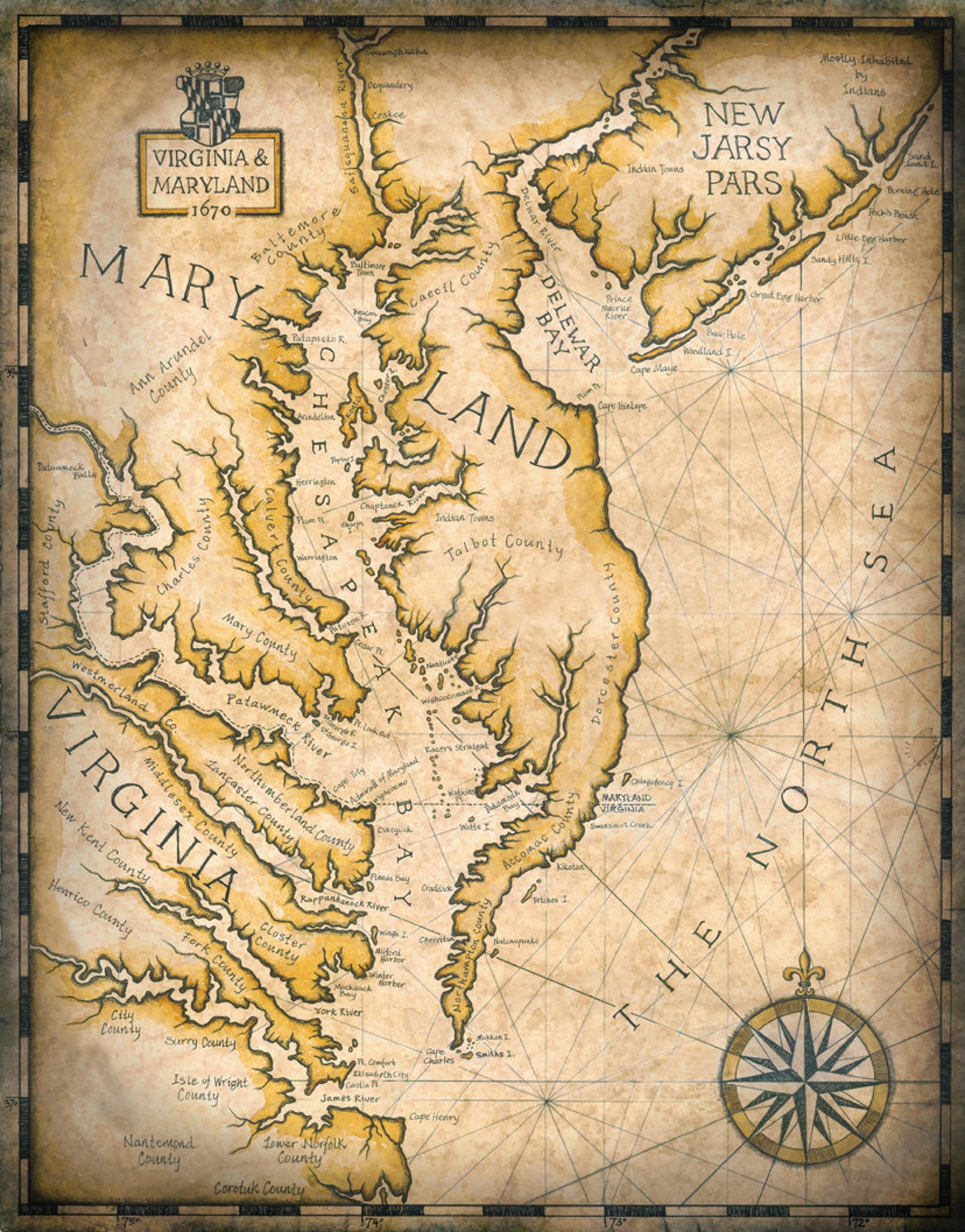 Chesapeake Bay Map Artwork C. 1670, 11" X 15" + Virginia Map, Maryland ...