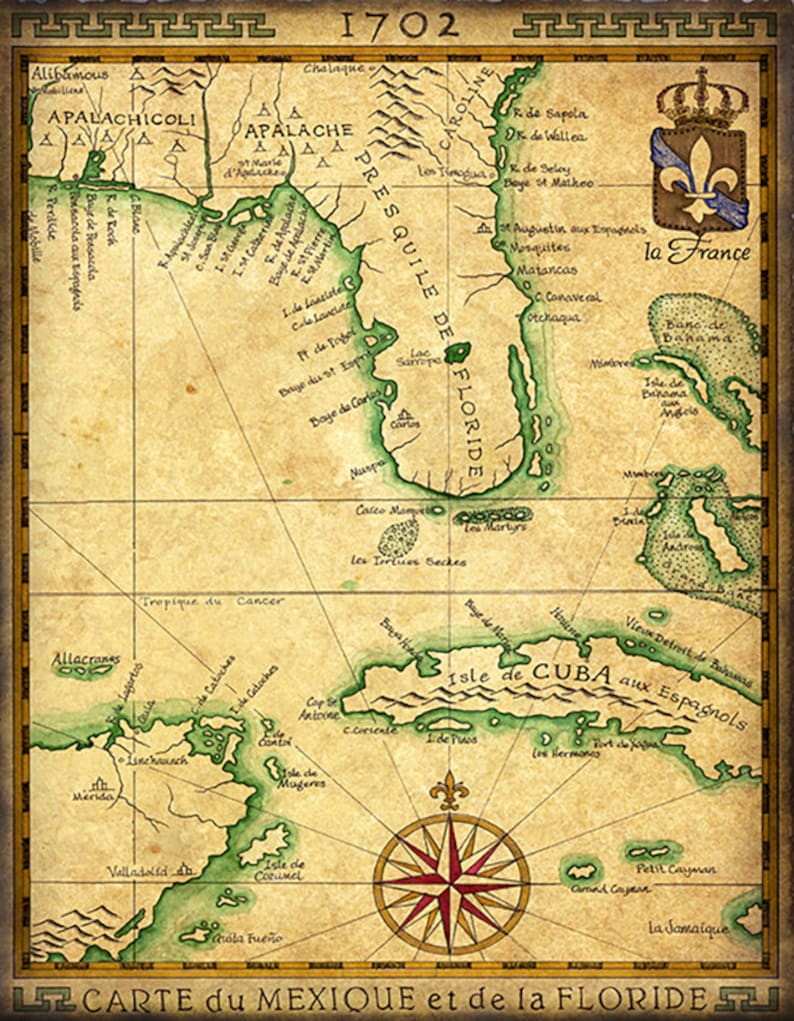 Florida Map Art C. 1702 - French Map of Florida - Cuba - Bahamas ...
