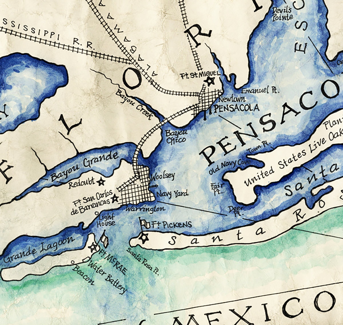Pensacola Bay Map C. 1860 Pensacola Florida Maps Pensacola - Etsy