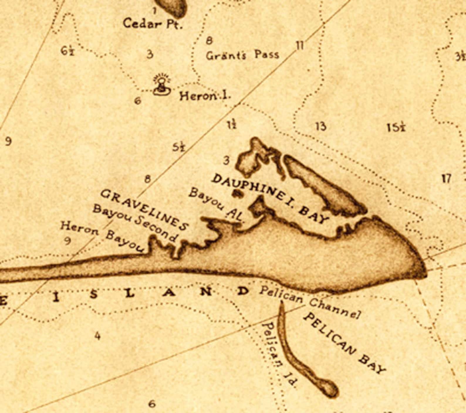 Dauphin Island Map Art c. 1850 Hand Drawn Map Art Gulf of | Etsy