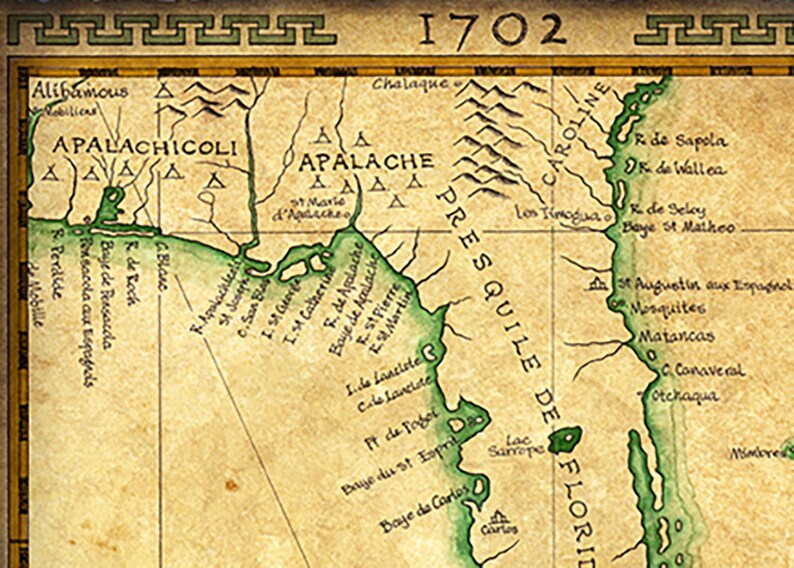 Florida Map Art C. 1702 - French Map of Florida - Cuba - Bahamas ...