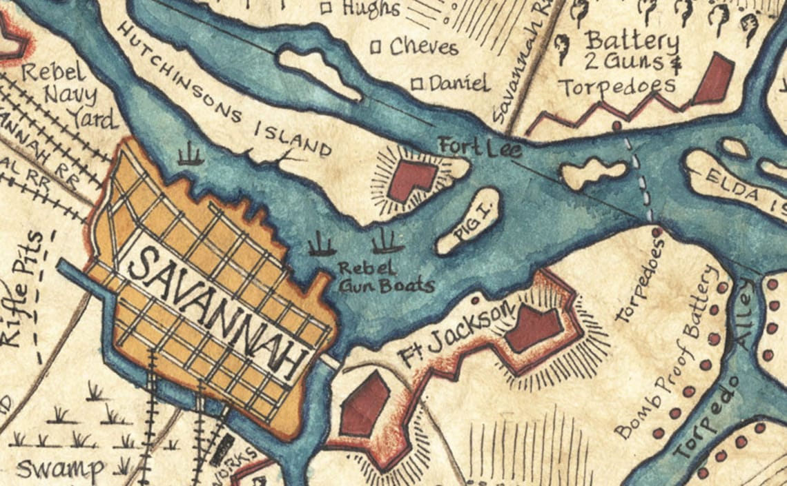 Savannah Harbor Map Art C.1864 11 X 16 Hand Drawn - Etsy