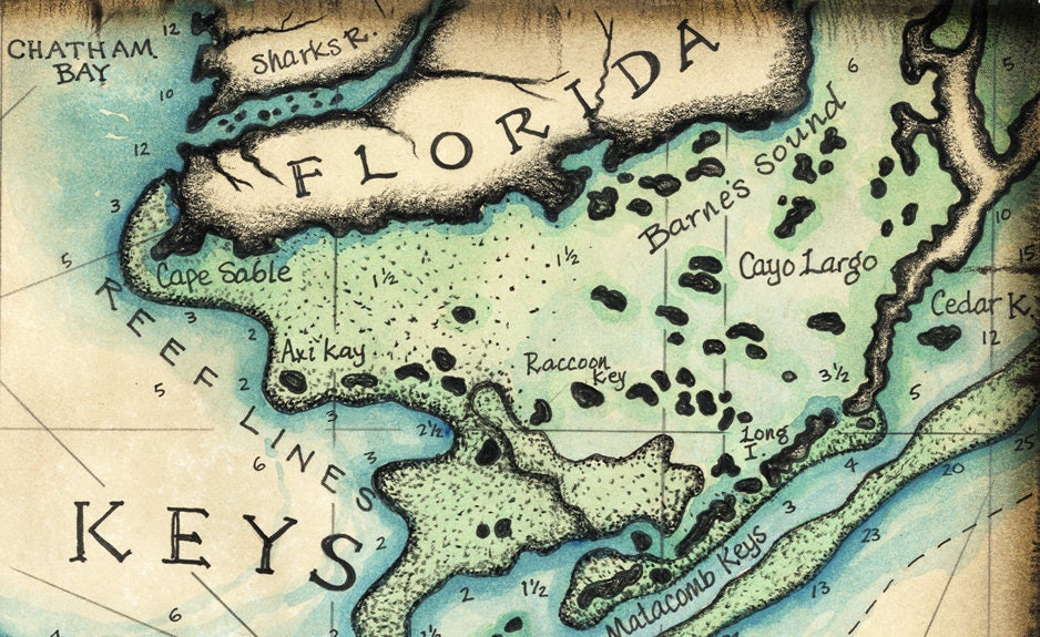 Florida Keys Reef Map Art c.1829 12 x 16, Key West Map, Key West ...