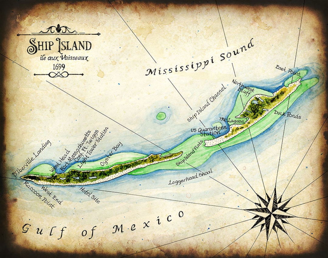 Ship Island Map Art; 11 X 14 and Up; Ship Island Mississippi, Biloxi ...