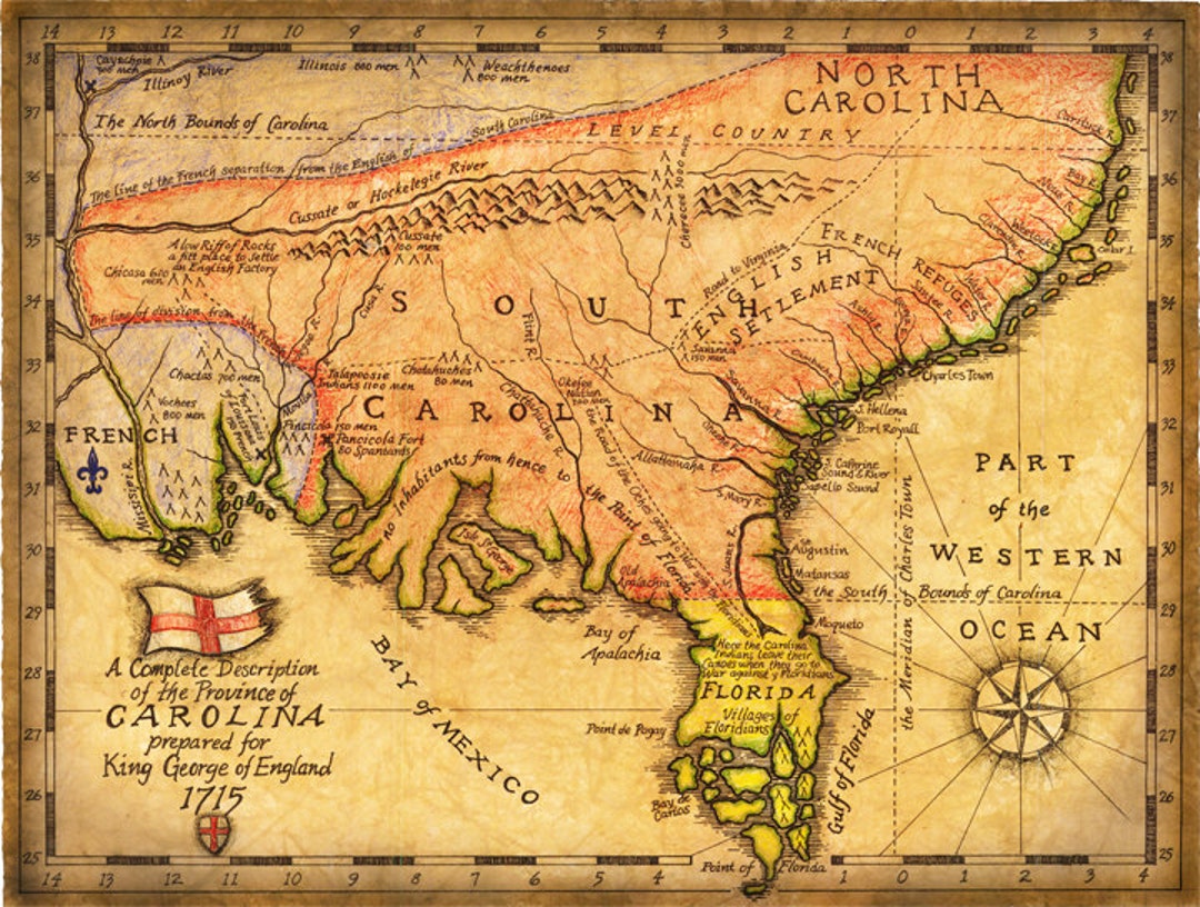 Carolina Map Art C. 1715 - Hand Drawn Maps - Early Map of the Carolinas ...