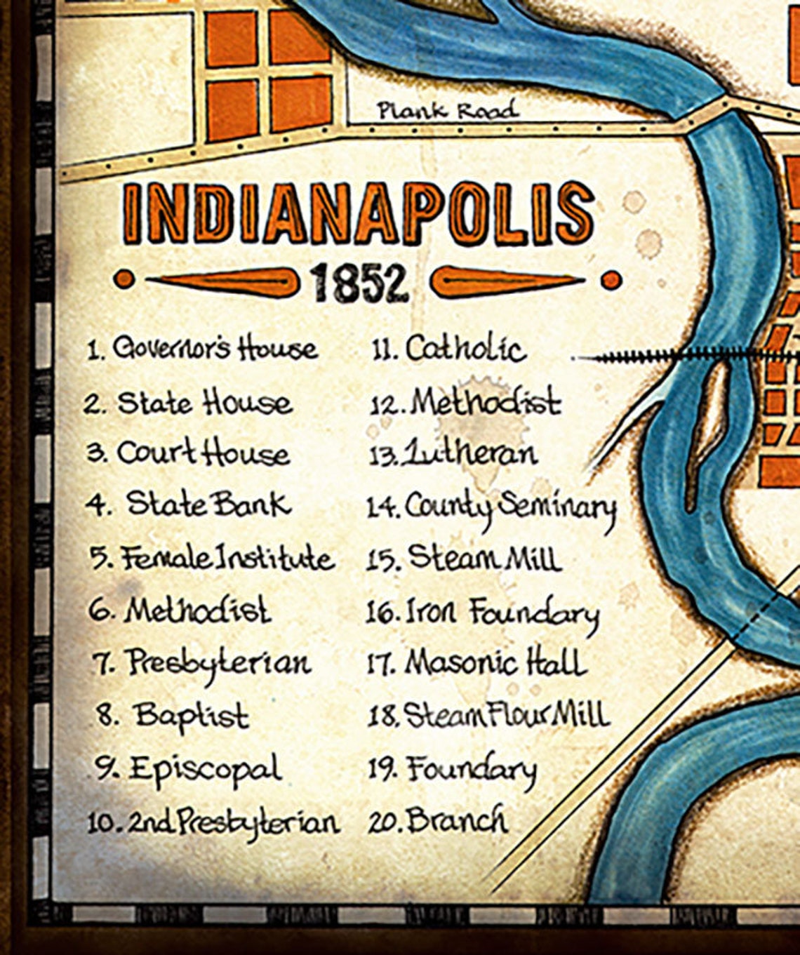 Indianapolis Map Art C.1852 Indianapolis Old Style Map Hand - Etsy