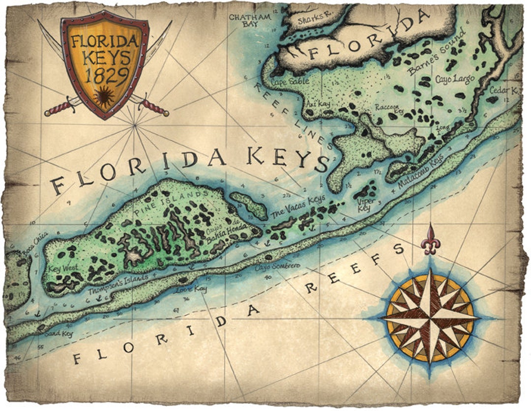 Florida Keys Reef Map Art C.1829 12 X 16, Key West Map, Key West ...
