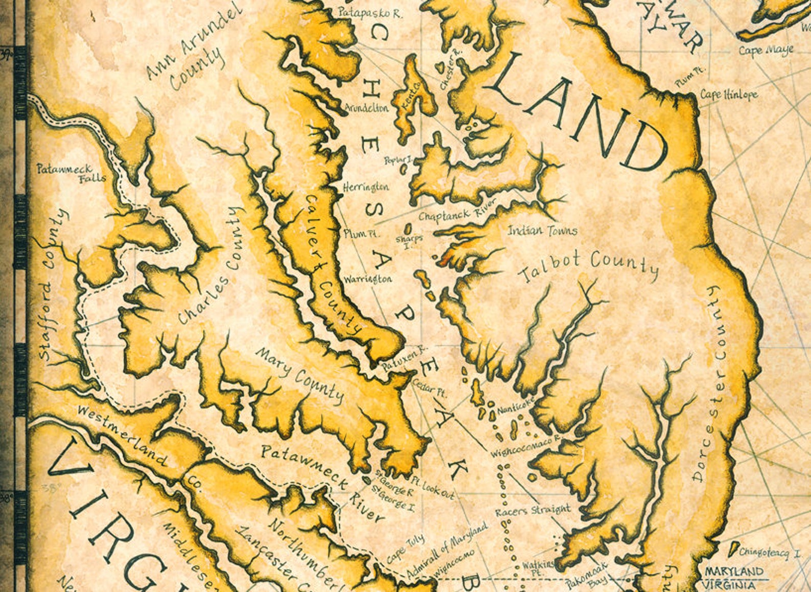 Chesapeake Bay Map Artwork C. 1670, 11" X 15" + Virginia Map, Maryland ...