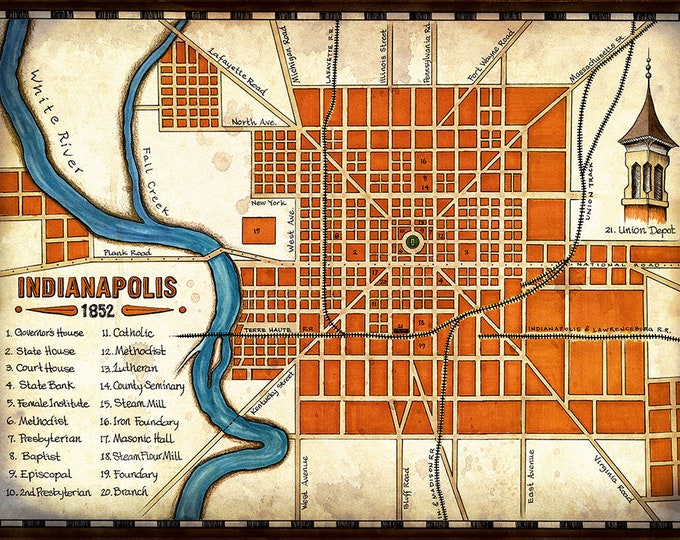 Indianapolis Map Art C.1852, Indianapolis, Old Style Map, Hand Drawn ...