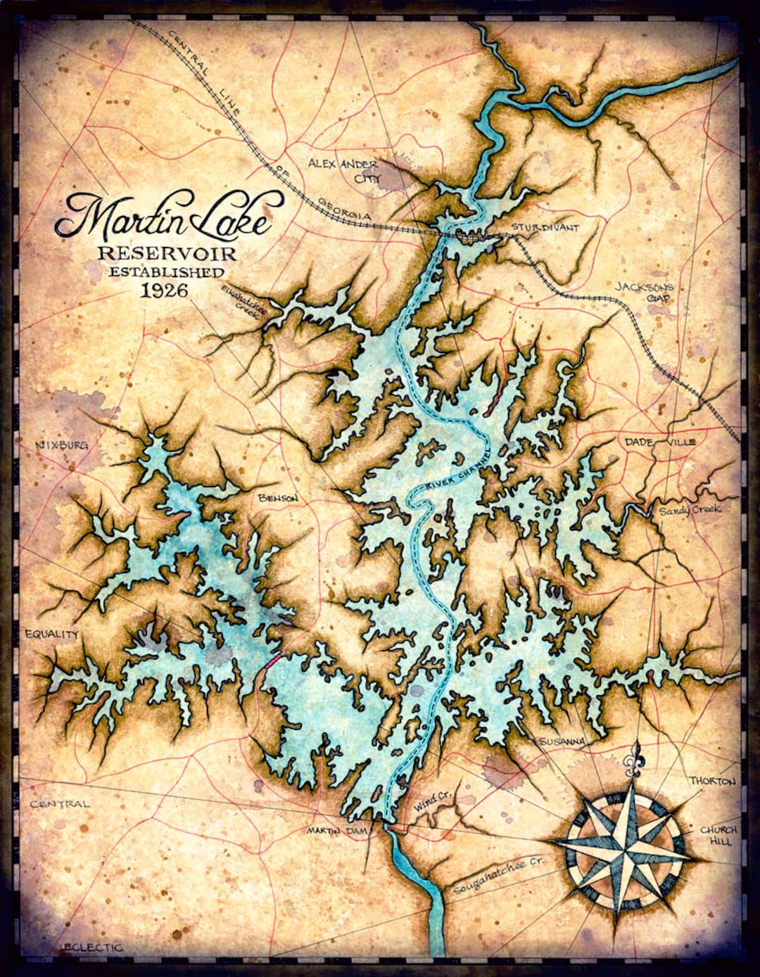 Lake Martin Map Art C. 1930 - Hand Drawn Artwork - 11" X 14" and up ...