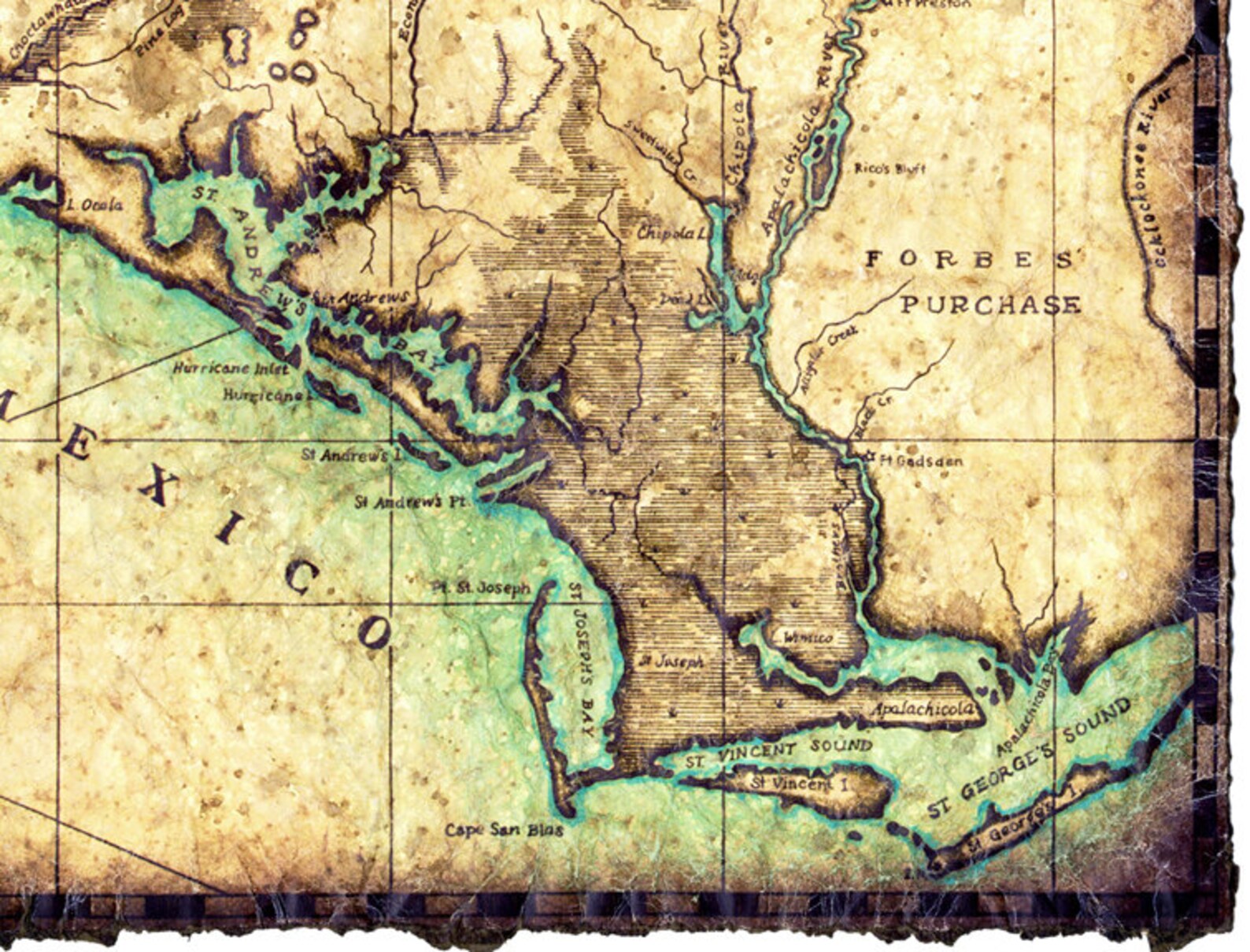Florida's Emerald Coast Map Artwork C.1865, Hand Drawn Map 11 X 16 ...