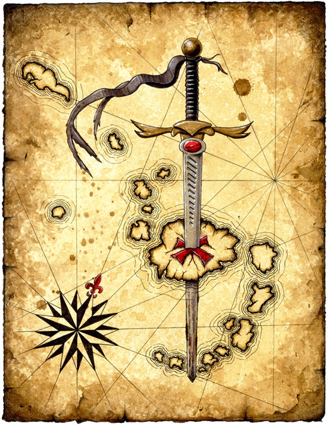 Sword Island Art Print, Swords, Medieval Weapons, Pirate Sword, Compass ...