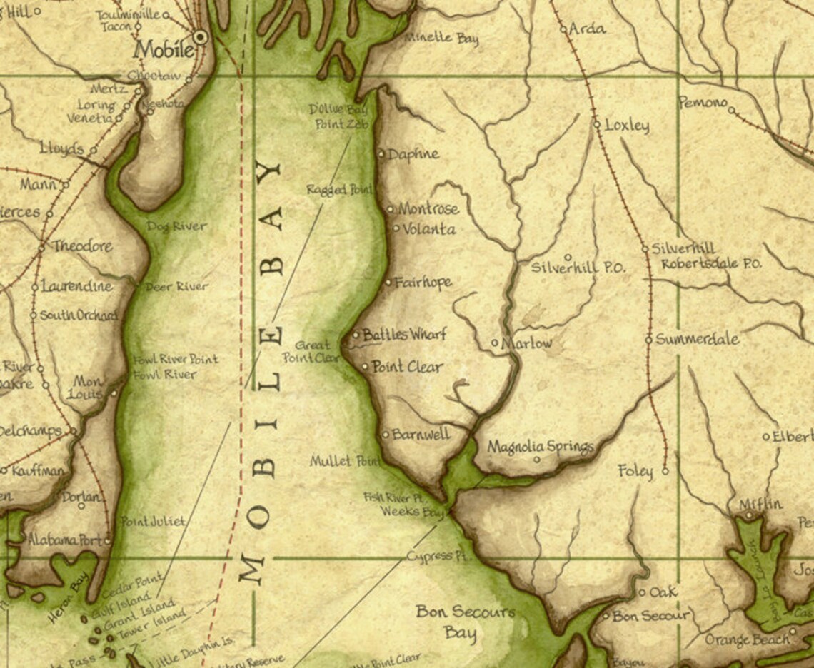 Mobile Bay Map Art C.1927 - 14" X 19 +" + Gulf of Mexico - Mobile Bay ...