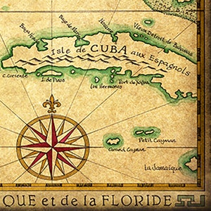 Florida Map Art C. 1702 - French Map of Florida - Cuba - Bahamas ...