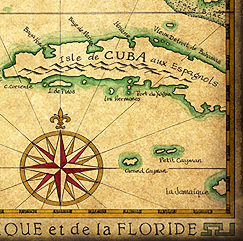Florida Map Art C. 1702 French Map of Florida Cuba | Etsy