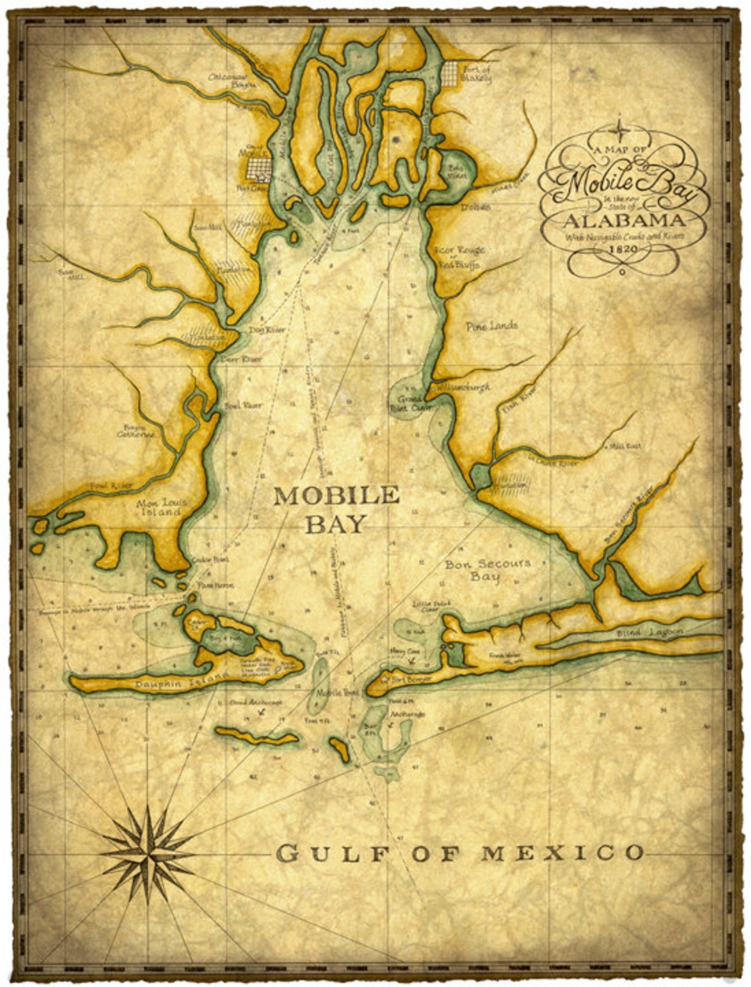 Mobile Bay Map Art C 1820 14 X 19 Mobile Bay Map Old Maps And Prints Mobile Mobile