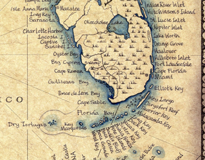 Florida Map Art Print C .1865 11" X 14"+, Hand Drawn Old Florida Map ...