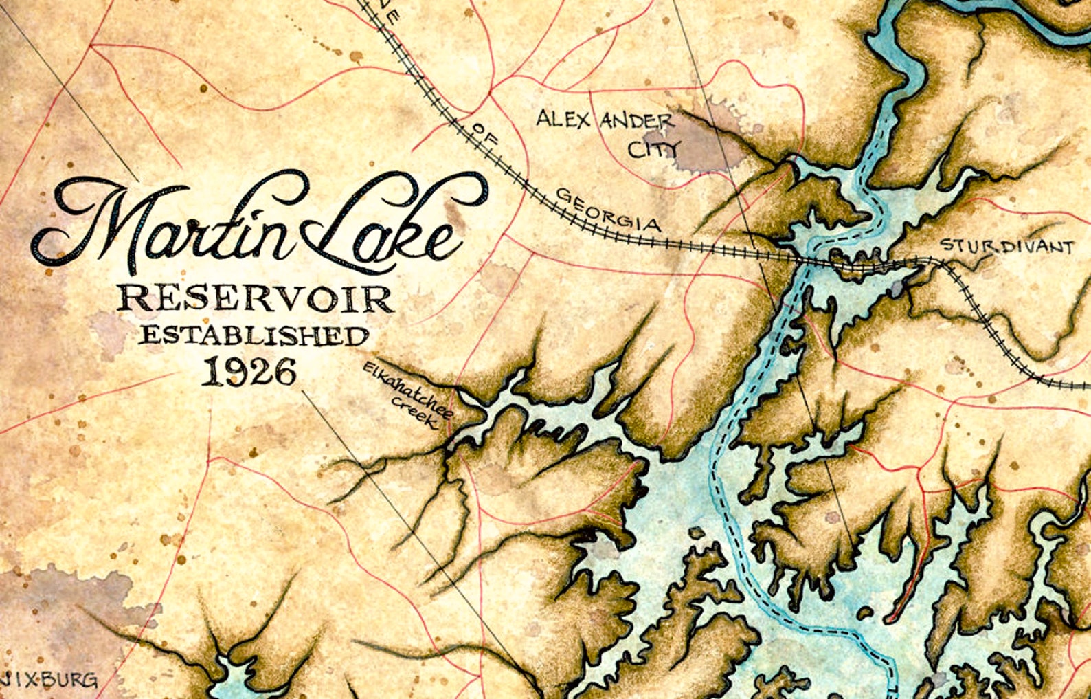 Lake Martin Map Art C. 1930 - Hand Drawn Artwork - 11" X 14" and up ...