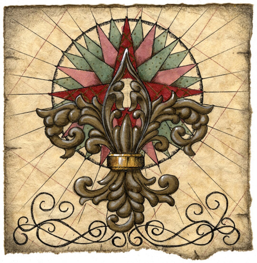 Fleur De Rosa Art Print, Fleur De Lis, Compass Rose, Old Maps, Nautical ...