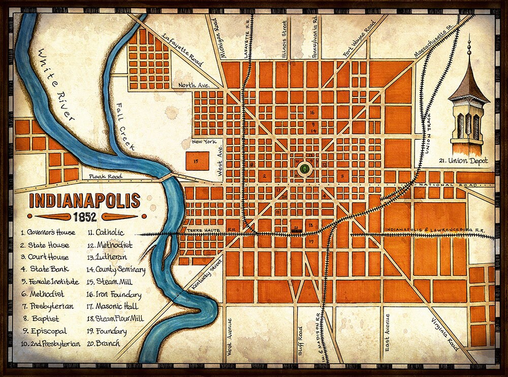 Indianapolis Map Original Drawing Hand Drawn Map Art Framed | Etsy