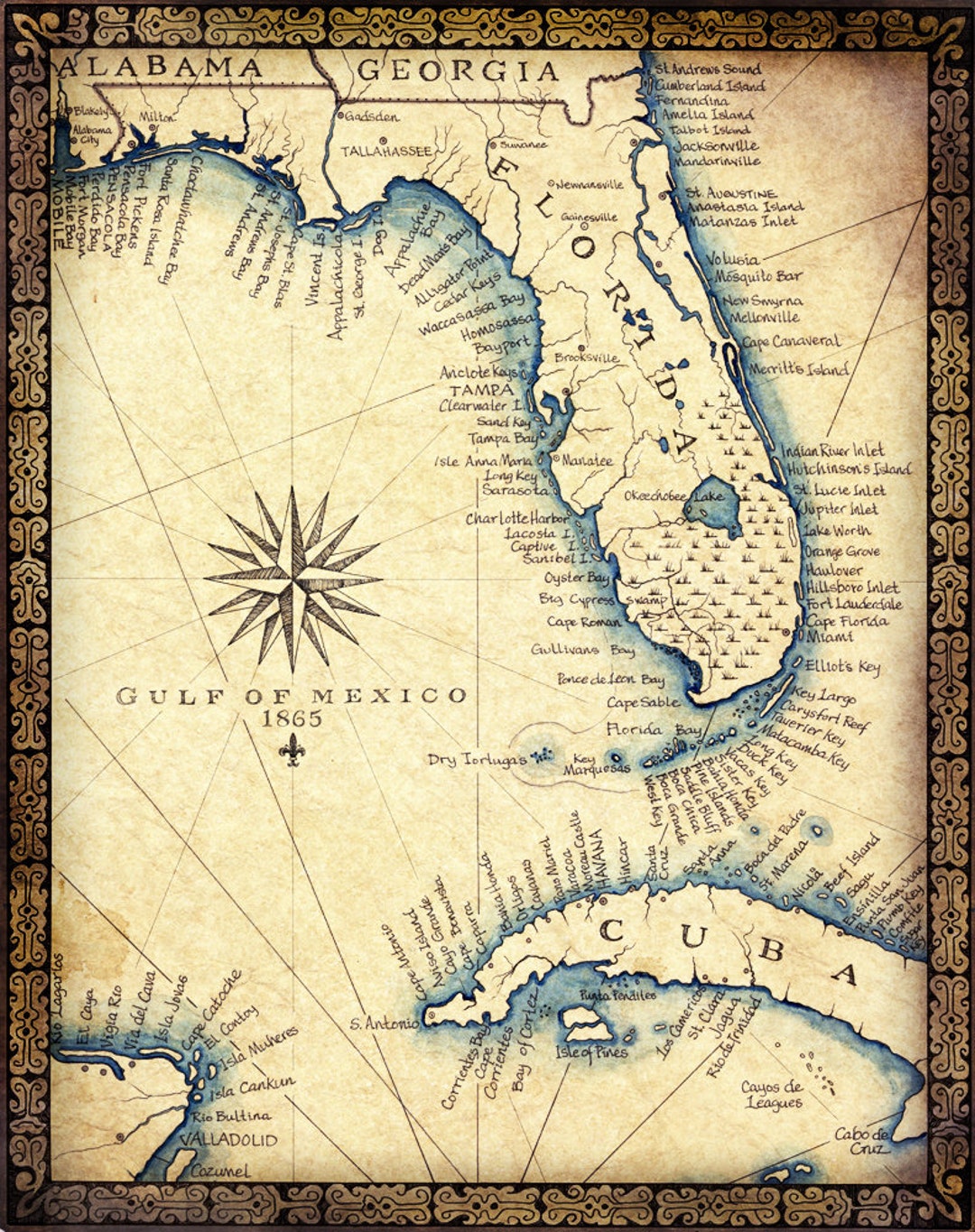 Florida Map Art Print C .1865 11" X 14"+, Hand Drawn Old Florida Map ...