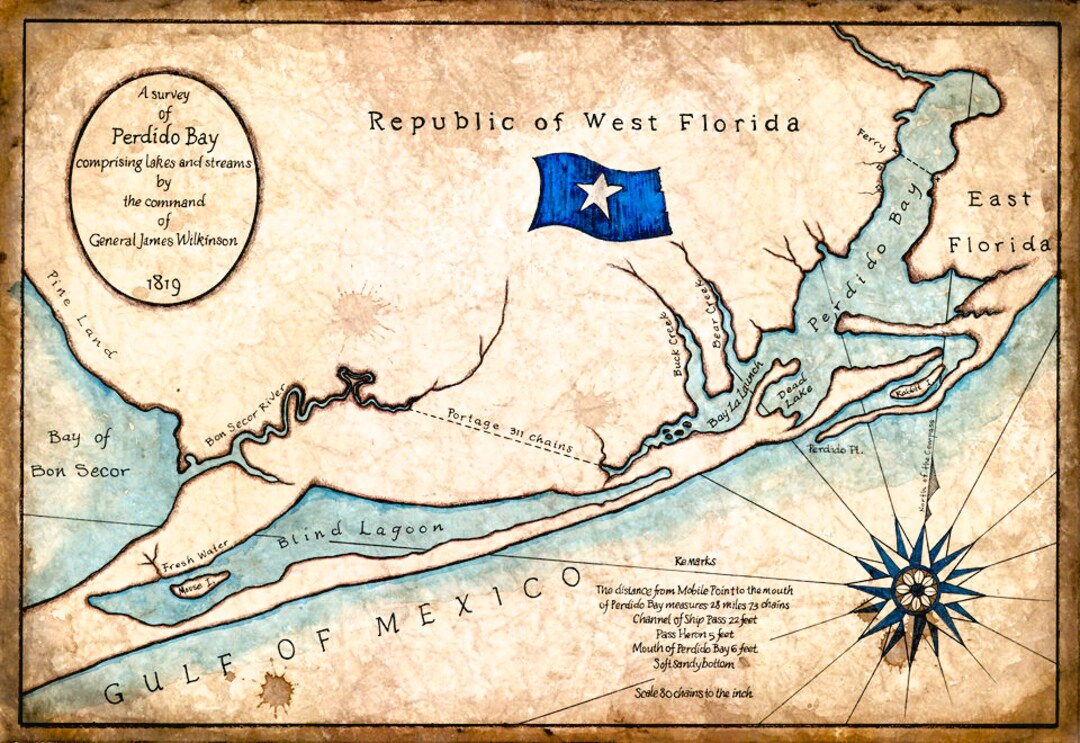 Perdido Bay Map Art C.1819 - 11 X 17 + Perdido Bay - Gulf of Mexico ...