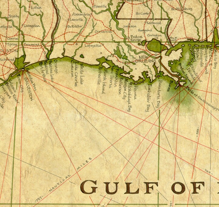 Gulf of Mexico Map Art C.1927 14" X 19" +, Map, Old Maps and Prints ...