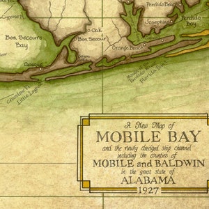 Mobile Bay Map Art C.1927 - 14" X 19 +" + Gulf of Mexico - Mobile Bay ...