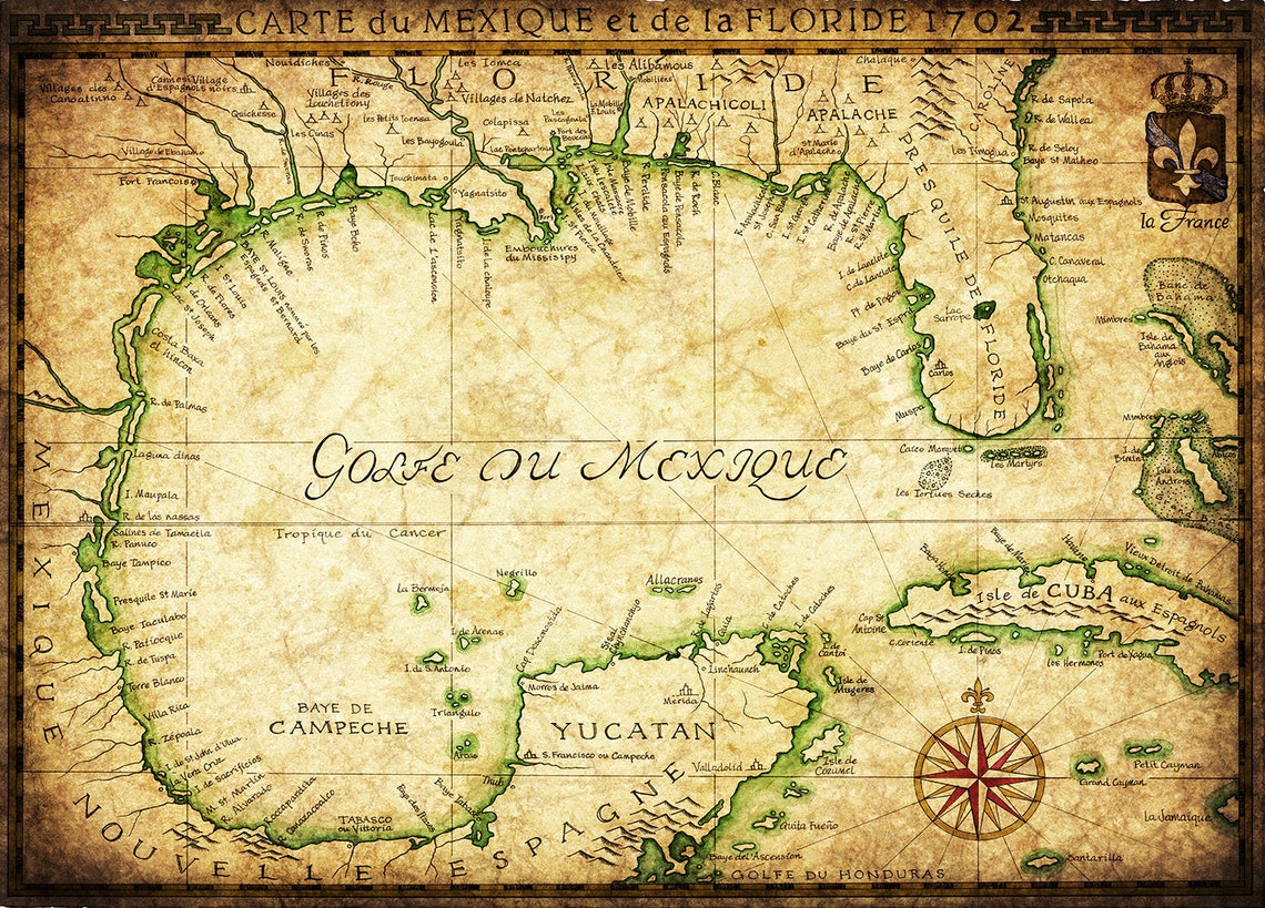 Old Gulf of Mexico Map Art 14" X 19 +"- Map of the Gulf of Mexico ...