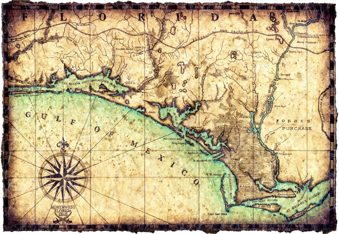 Florida's Emerald Coast Map Artwork C.1865, Hand Drawn Map 11 X 16 ...