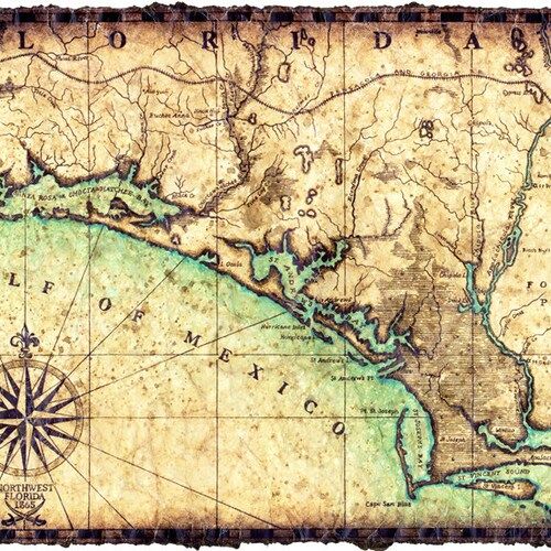 Florida's Emerald Coast Map Artwork C.1865 Hand Drawn Map - Etsy