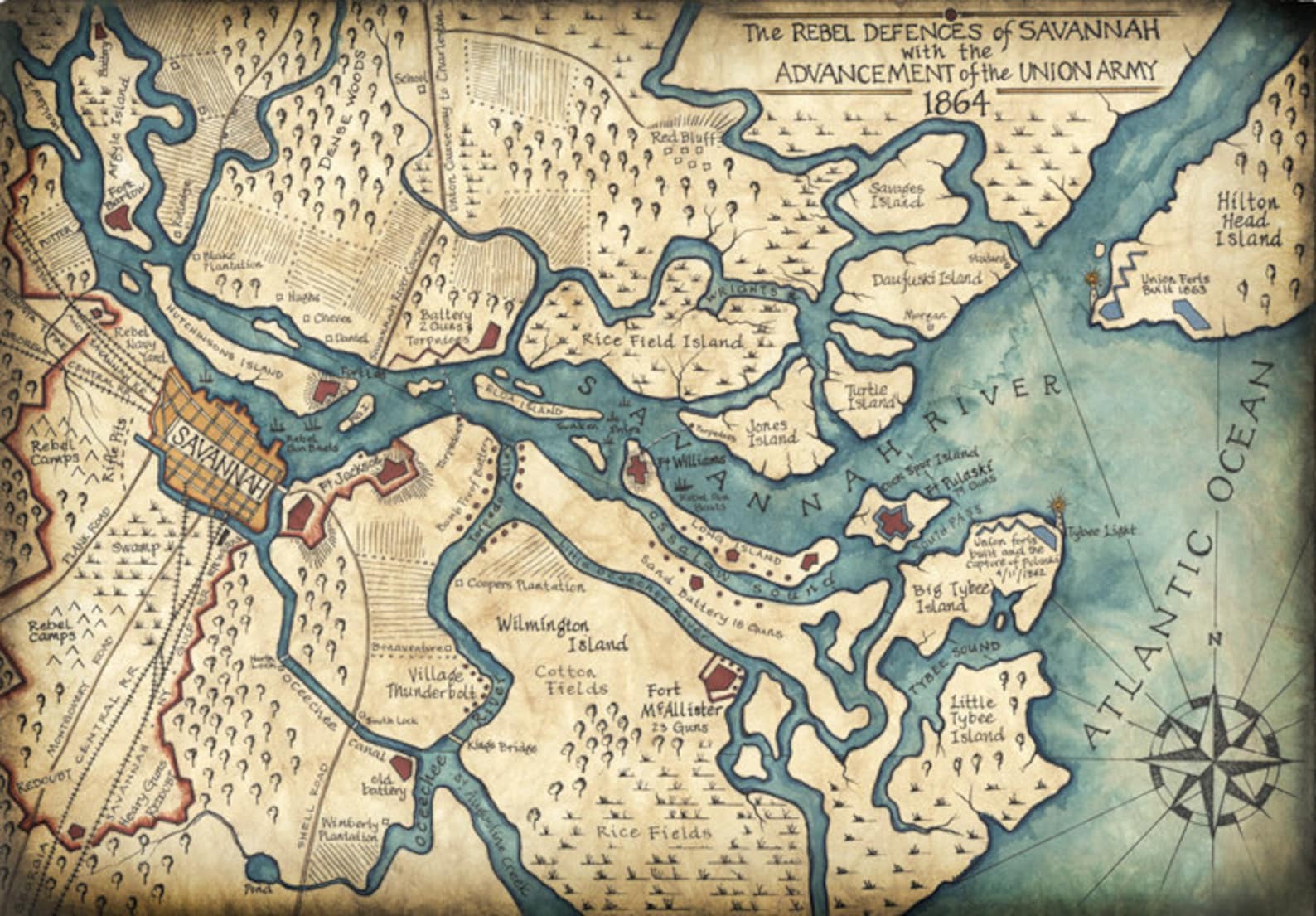 Savannah Harbor Map Art C.1864 11 X 16 Hand Drawn - Etsy