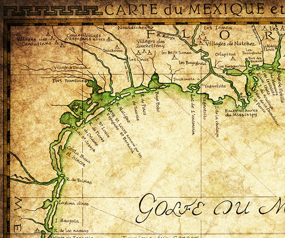 Old Gulf of Mexico Map Art 14" X 19 +"- Map of the Gulf of Mexico ...