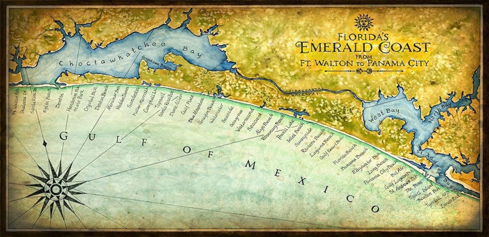 30A Emerald Coast Map Art 12 X 24 30A Florida - Etsy