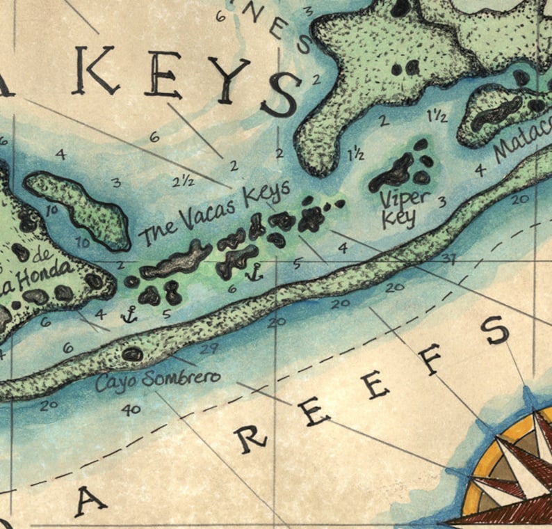 Florida Keys Reef Map Art C.1829 12 X 16, Key West Map, Key West ...