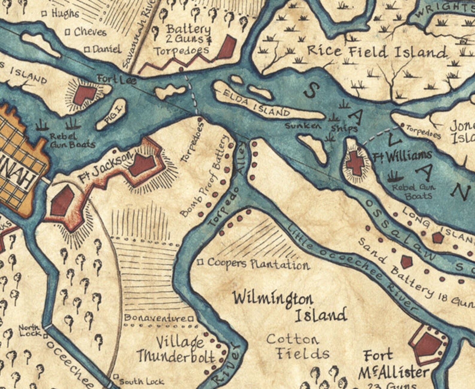 Savannah Harbor Map Art C.1864 11" X 16", Hand Drawn Art - Civil War Maps, Savannah, Georgia ...