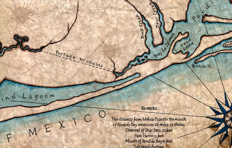 Perdido Bay Map Art C.1819 - 11 X 17 + Perdido Bay - Gulf of Mexico ...
