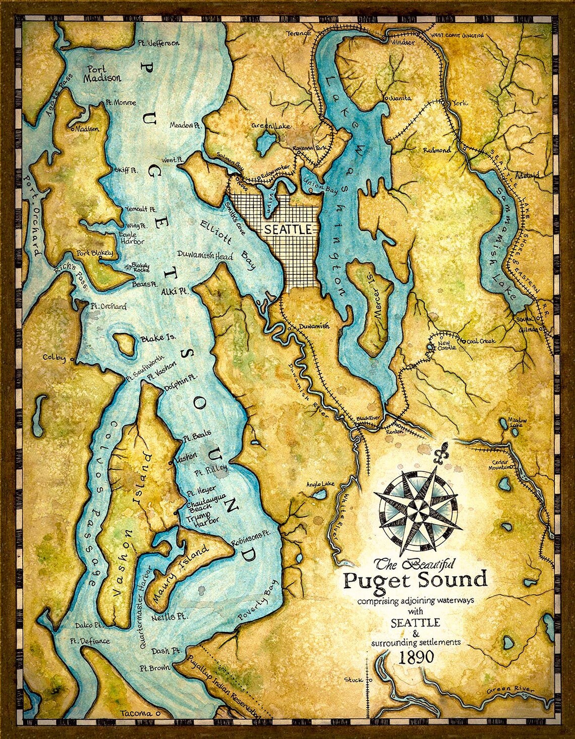 Puget Sound Map Art C.1890; Puget Sound Map; Seattle; Seattle Map ...