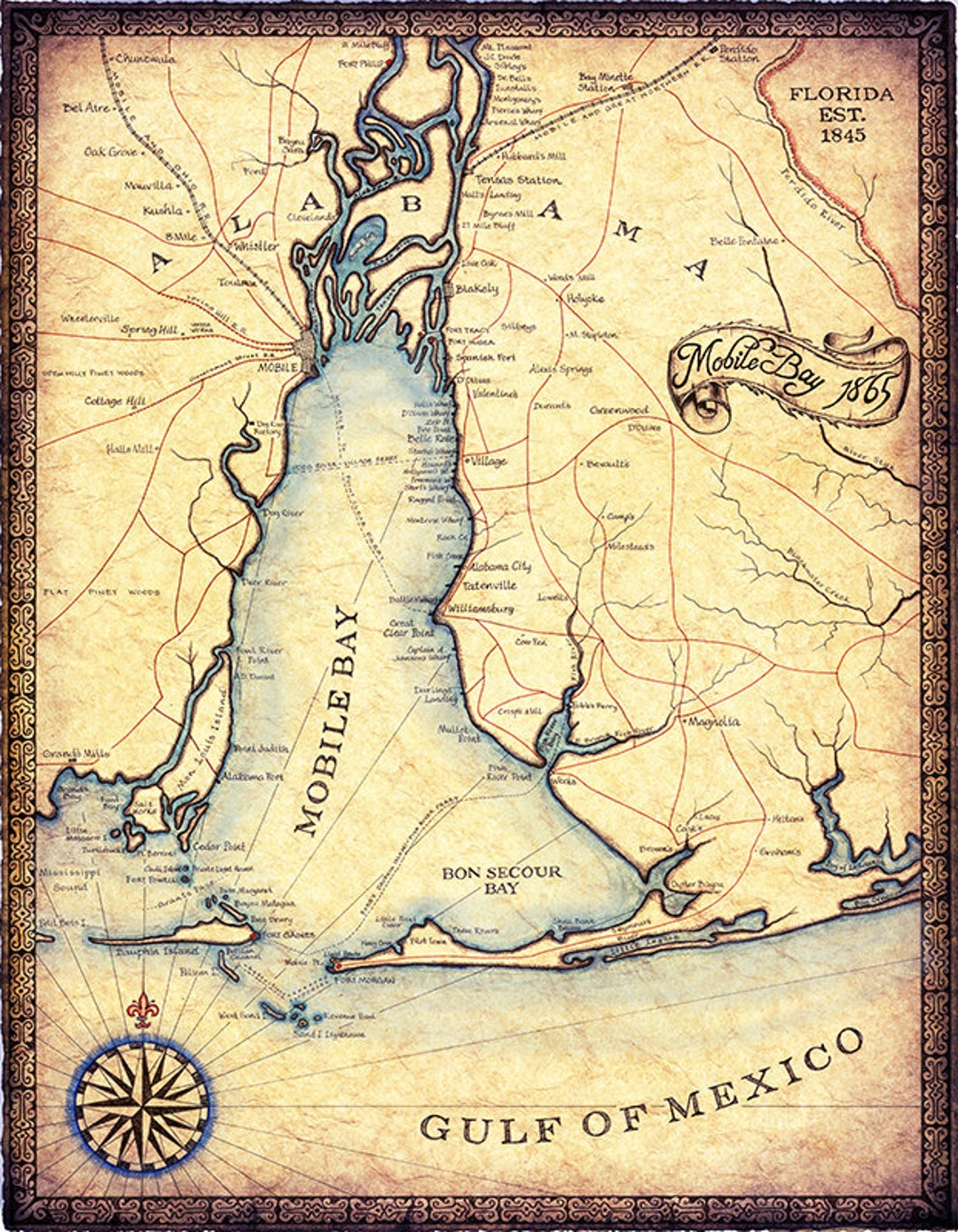 Mobile Bay Map Art C 1865 14 X 19 Civil War Maps Mobile Bay Hand Drawn Maps Old