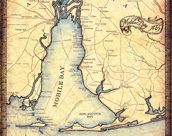Mobile Bay Map Art Mobile Harbor C.1865 Old Maps and | Etsy
