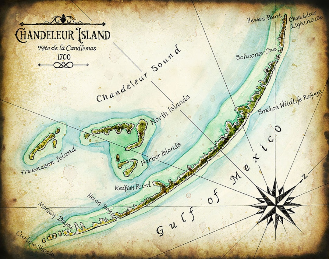 Chandeleur Island Map Art; 11 X 14 +; Louisiana Coast; Mississipi Coast; Barrier Islands ...
